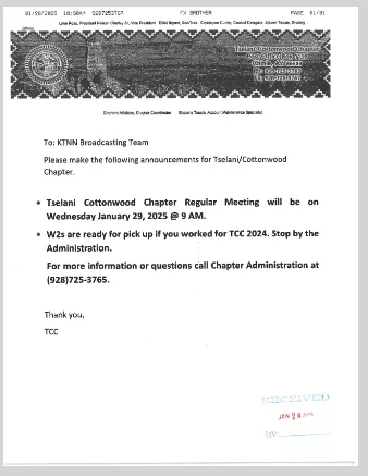 Tselani/Cottonwood Chapter Regular Mtg, W-2 Ready – KTNN – St. Michaels, AZ