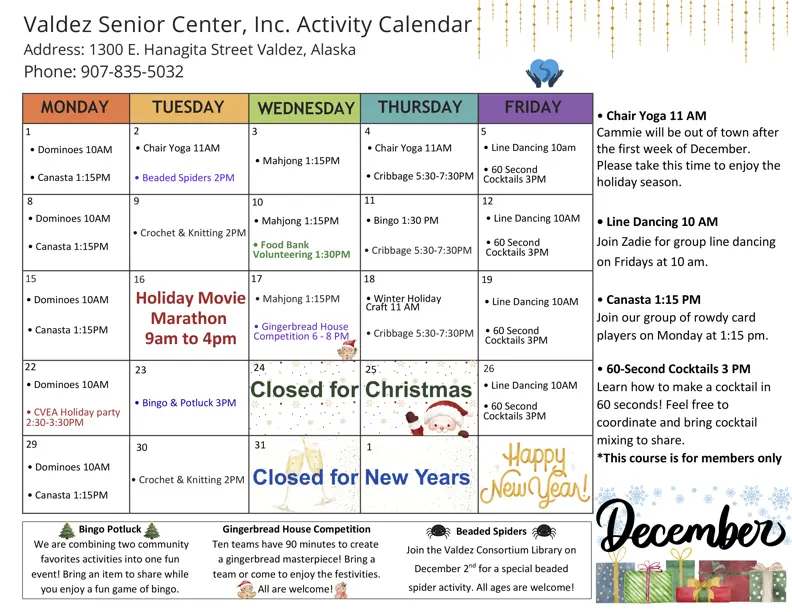 Valdez Senior Center December Calendar 2025 | KVAK is your hometown ...
