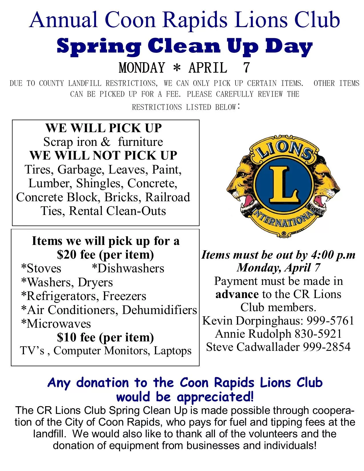Coon Rapids Lions Club Annual Spring Clean Up Day Is This Monday ...