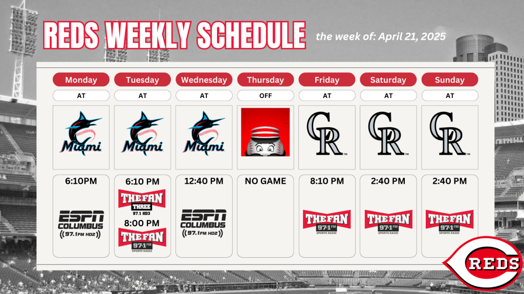 REDS WEEKLY SCHEDULE - APRIL 21ST | WBNS - Columbus, OH