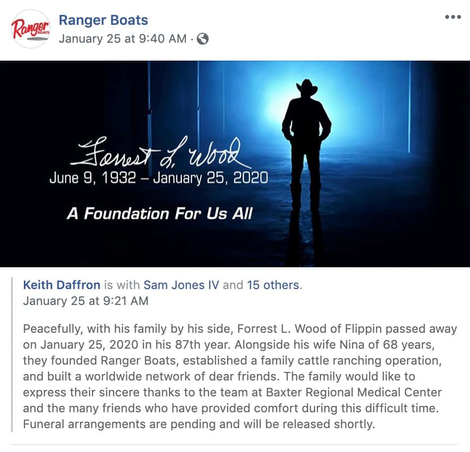 Ranger Boats founder Forrest L. Wood dies at 87 | WSAQ