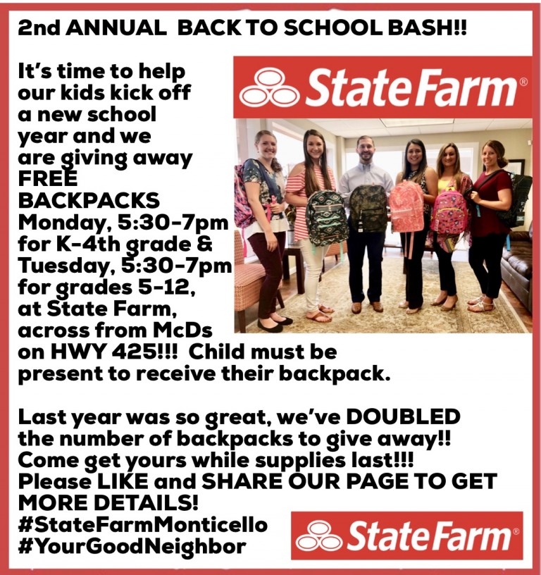 Monticello- Free Backpacks from State Farm for Back To School ...