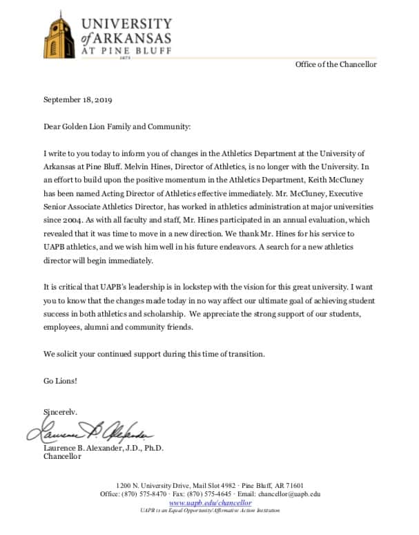 UAPB Statement on Firing of Athletics Director Melvin Hines – Deltaplex ... UAPB Statement on Firing of Athletics Director Melvin Hines – Deltaplex ...